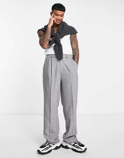Asos Design Weite Elegante Hose Aus Wollmischung In Grau Mit