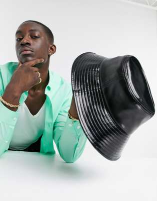 ASOS DESIGN wide brim bucket hat in black vinyl | ASOS