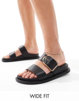ASOS DESIGN Wide Fit Frozen double strap sliders in black | ASOS