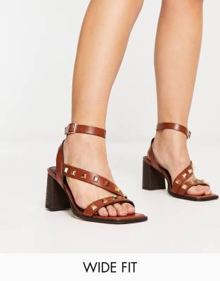 Asos Design Wide Fit Halter Studded Mid Heeled Sandals In Tan-brown ...