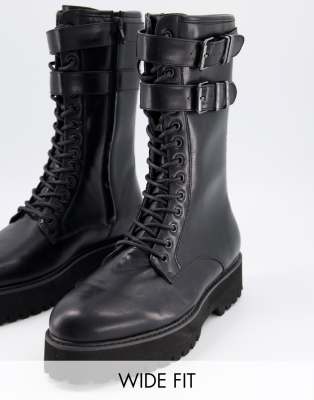 ASOS DESIGN Wide Fit high lace up boots in black faux leather with ...