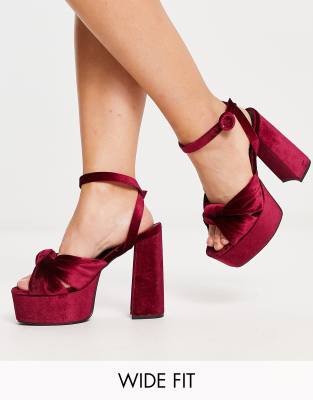 ASOS DESIGN Wide Fit Natia knotted platform heeled sandals in burgundy ...
