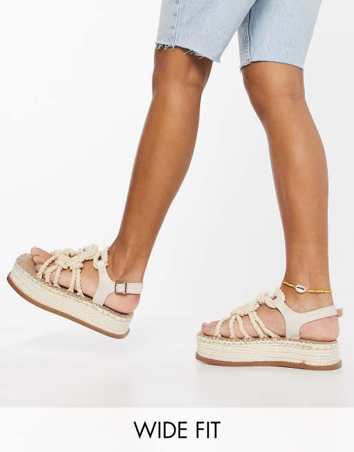 Asos Design Wide Fit Tape Rope Detail Flatform Sandals In Natural Asos