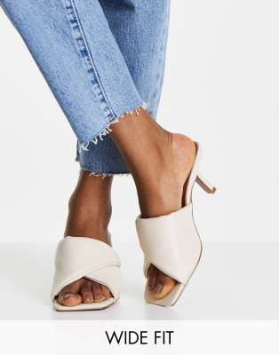 ASOS DESIGN Wide Fit Wealth folded padded mid heeled mules in bone | ASOS