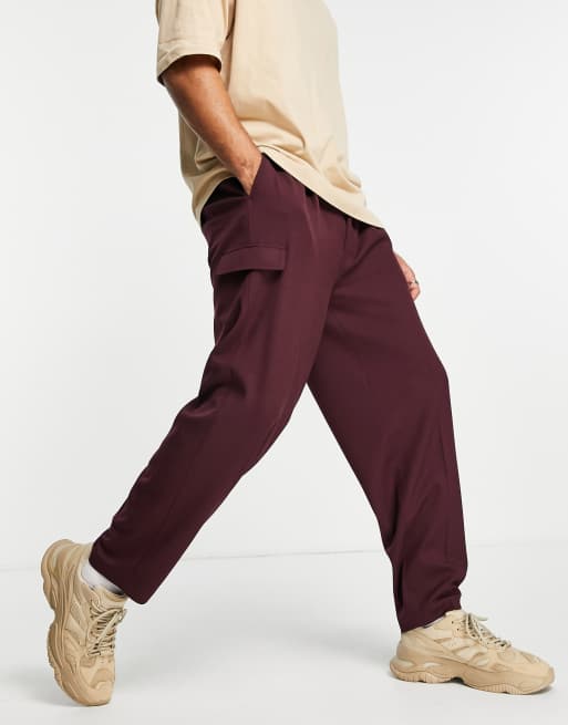 Asos Design Wide Leg Cargo Smart Trouser In Burgundy Asos