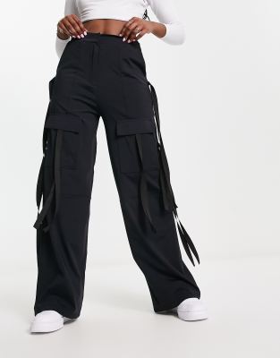 ASOS DESIGN wide leg cargo trouser with strapping detail in black | ASOS