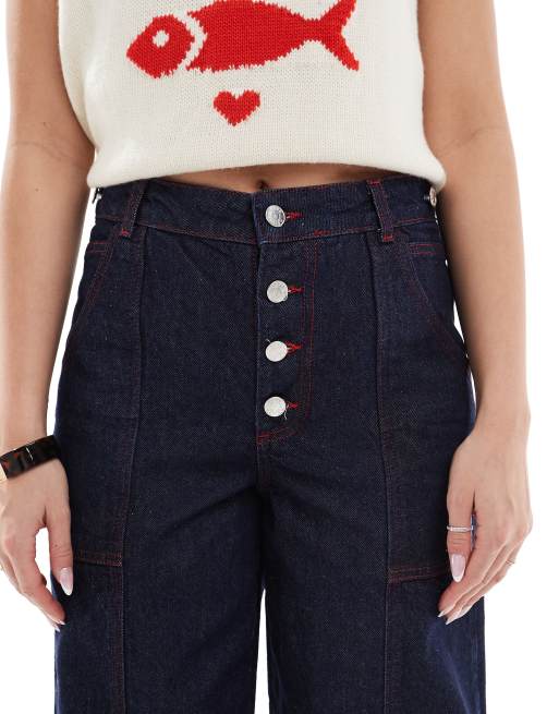 ASOS DESIGN wide leg denim jeans with red stitching in rinse wash | ASOS