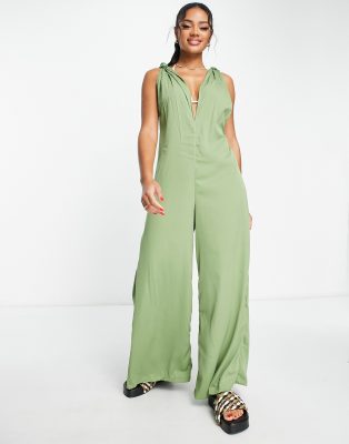 ASOS DESIGN wide leg knot beach jumpsuit in khaki | ASOS