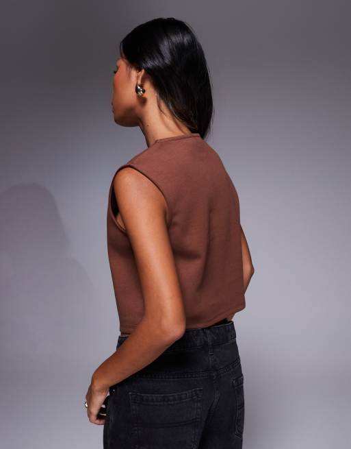 ASOS DESIGN wide shoulder boxy cropped waistcoat in brown | ASOS
