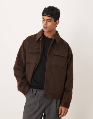 ASOS DESIGN wool look brushed Harrington jacket in brown | ASOS