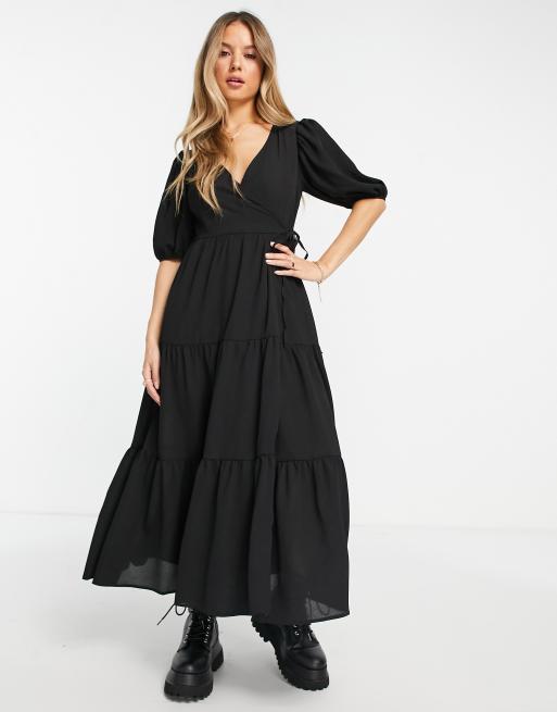 ASOS DESIGN wrap-front tiered smock midi dress in black | ASOS