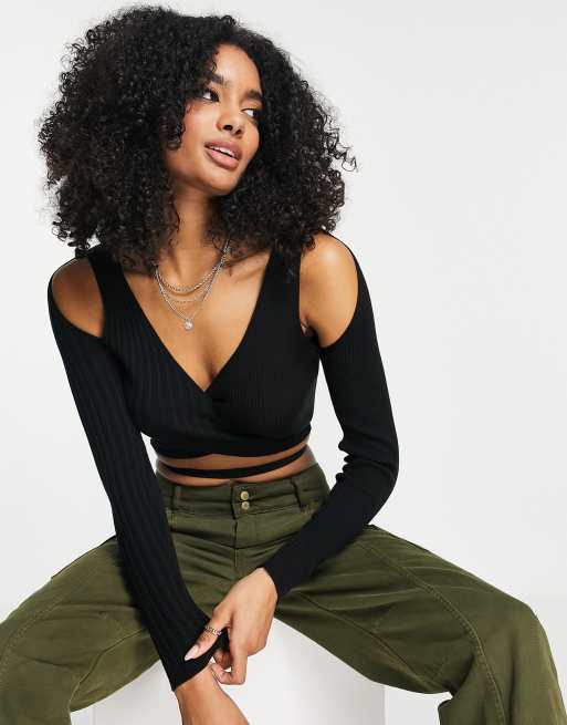 ASOS DESIGN wrap knitted top with cut out detail in black | ASOS