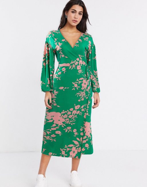Asos Design Wrap Midi Tea Dress With Bright Floral Asos