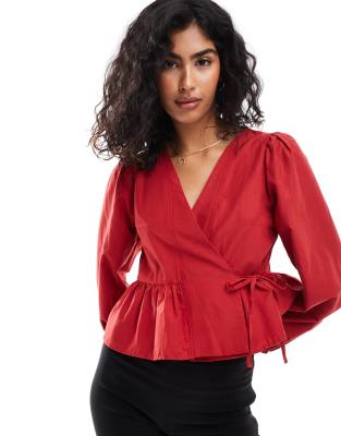 ASOS DESIGN wrap swing top with long sleeves in red | ASOS