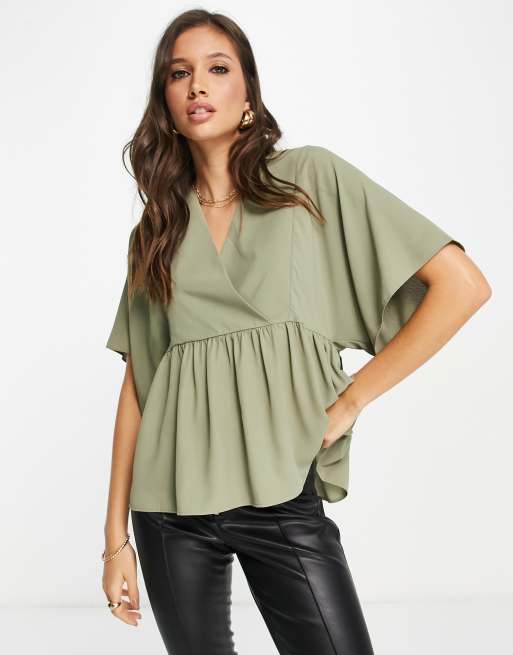 ASOS DESIGN wrap top with angel sleeve & peplum hem in khaki | ASOS