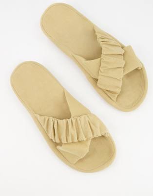 ASOS DESIGN Zelda ruched cross strap slippers in natural | ASOS