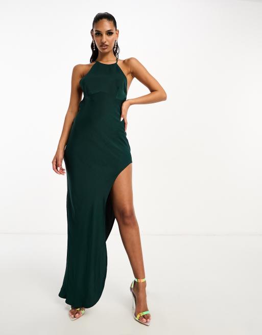 Asos Design Zielona Satynowa Sukienka Midi Ze Skrzyżowanymi