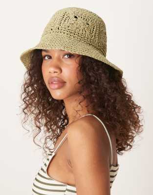 ASOS DESIGN – Zielony szydełkowany kapelusz słomkowy typu bucket w kwiatowy wzór | ASOS