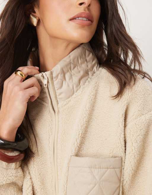 ASOS DESIGN zip through borg fleece with quilted pocket and collar in ...