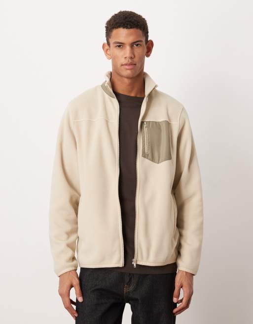 ASOS DESIGN zip-through fleece jacket with pocket in beige | ASOS