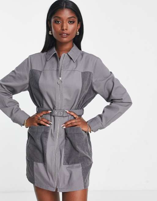 ASOS DESIGN zip up dress with patchwork cord in charcoal | ASOS