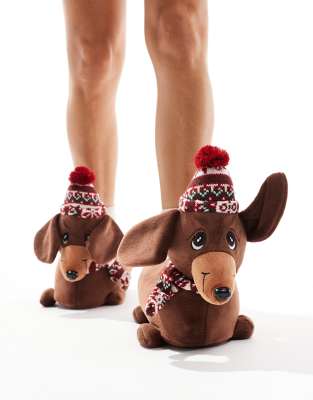ASOS DESIGN Zizzle wiener dog slippers in brown | ASOS