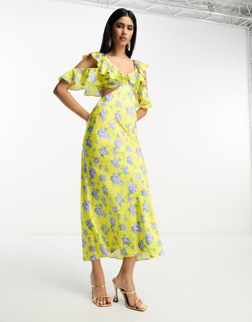 Asos Design Żółta Satynowa Sukienka Midaxi Ze Zwiewnymi Rękawami I