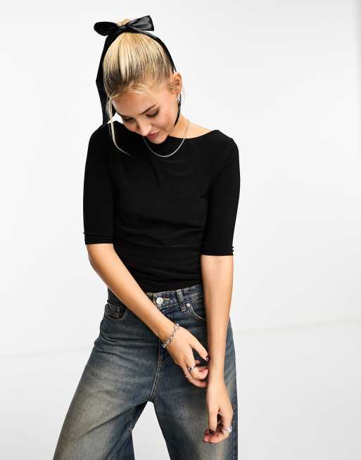 Asos Design Zweilagiges Oberteil In Schwarz Mit U Boot Ausschnitt Und
