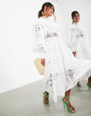 ASOS EDITION broderie midi dress with ruffle detail in white | ASOS