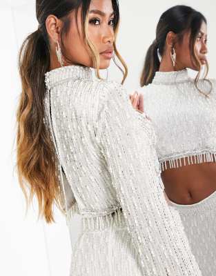 ASOS EDITION - Crop top orné de perles à col montant - Blanc | ASOS