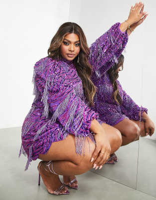 ASOS EDITION Curve beaded fringe and sequin mini dress with blouson sleeve in purple | ASOS