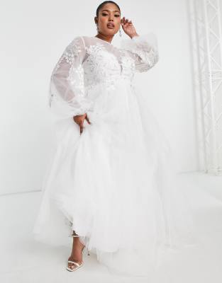 Asos Design Curve Luna Embroidered Wedding Dress With Blouson Sleeves