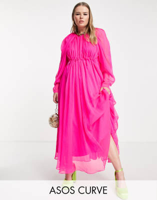 ASOS EDITION Curve - Robe mi-longue froncée - Rose vif | ASOS