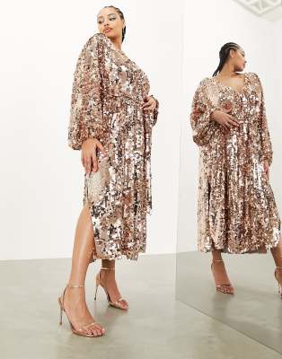 ASOS EDITION Curve - Robe portefeuille mi-longue à manches chauve-souris et sequins - Doré | ASOS