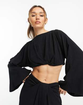 ASOS EDITION drape front linen long sleeve crop top in black | ASOS
