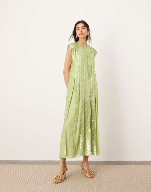 ASOS Edition Embellished Allover Sequin Pleat Maxi Dress in Green