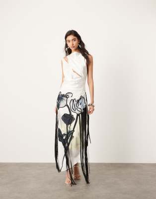 ASOS EDITION embroidered floral drape cowl back midi dress with fringe ...