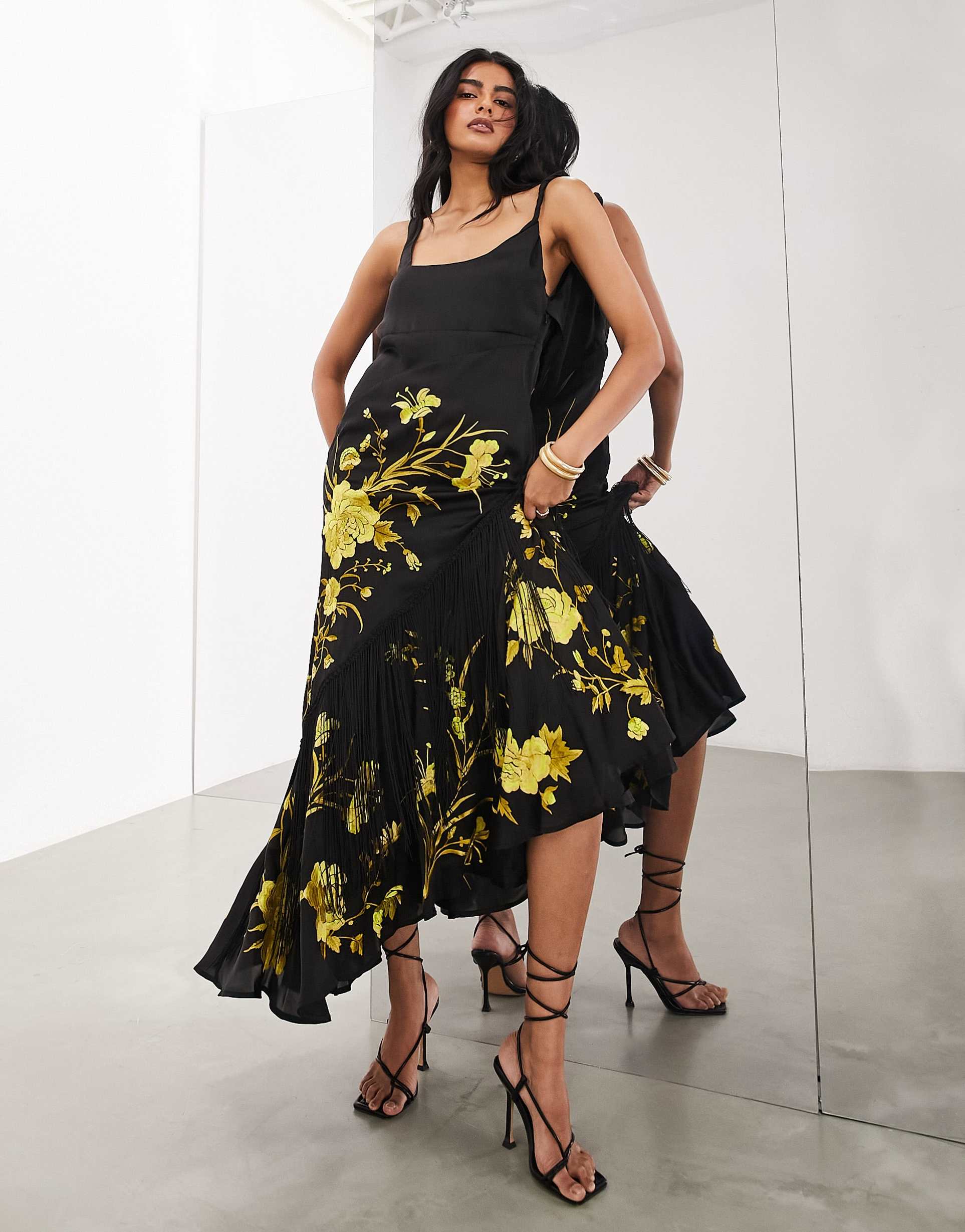 Buy Asos ASOS EDITION floral embroidered bias cut midi dress with fringe in black at Drezily