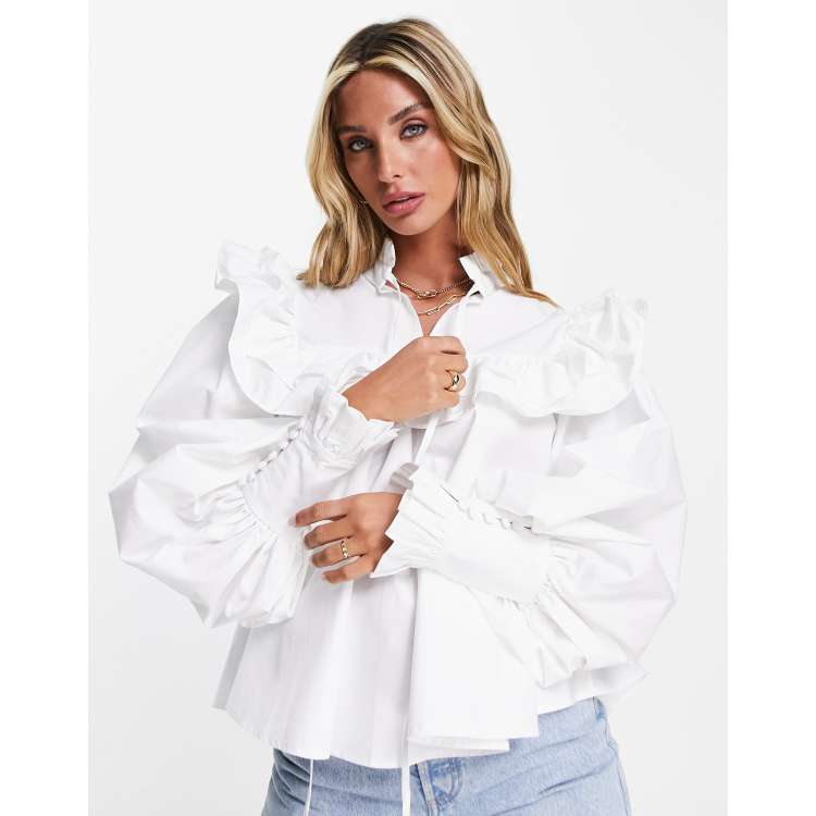White Ruffle Long Sleeve Shirt