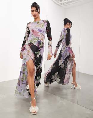 ASOS EDITION long sleeve bias paneled maxi dress in mixed floral print ...