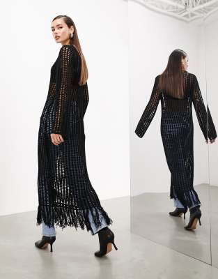 ASOS EDITION long sleeve open knit maxi dress with tassels in black | ASOS