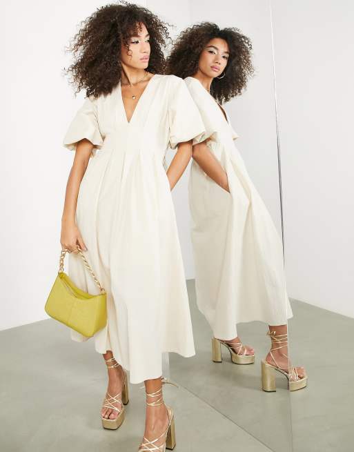 Asos Edition Midi Jurk Met Geplooide Taille En Blousonmouwen In Crème