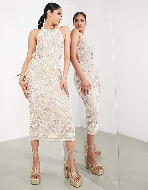 ASOS EDITION - Midi-jurk met halternek en versiering met pareltjes en ... ASOS EDITION - Midi-jurk met halternek en versiering met pareltjes en ...