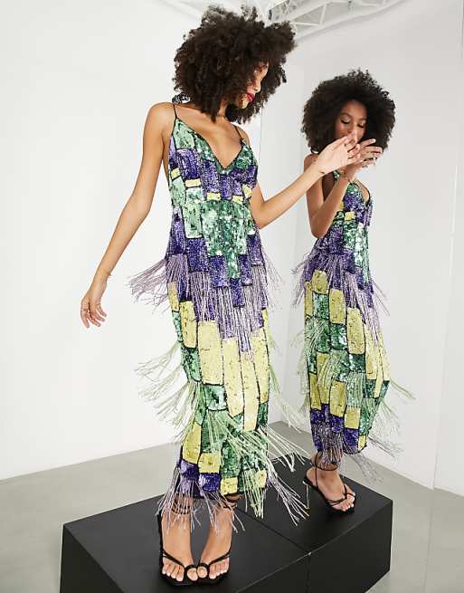 ASOS EDITION - Midi jurk met kleurvlakken, lovertjes en franjes | ASOS ASOS EDITION - Midi jurk met kleurvlakken, lovertjes en franjes | ASOS