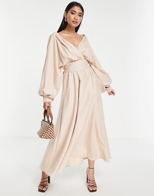 ASOS EDITION - Midi-jurk van linnen met blote schouders, overslag en ... ASOS EDITION - Midi-jurk van linnen met blote schouders, overslag en ...