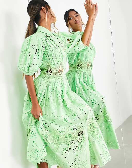 ASOS EDITION - Midi overhemdjurk met broderie, pofmouwen en ingenomen ... ASOS EDITION - Midi overhemdjurk met broderie, pofmouwen en ingenomen ...