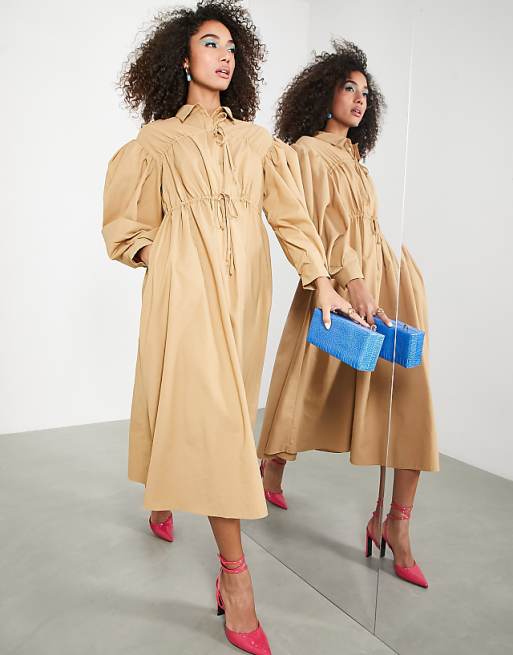 ASOS EDITION - Midi-overhemdjurk met trekkoord en ballonmouwen in camel ... ASOS EDITION - Midi-overhemdjurk met trekkoord en ballonmouwen in camel ...