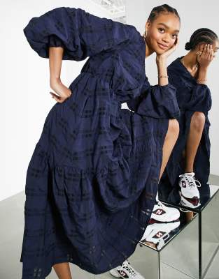 ASOS EDITION puff sleeve volume midi dress in navy check | ASOS