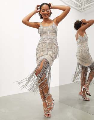 ASOS EDITION - Robe caraco mi-longue de qualité supérieure sertie de pierres avec chaînes et ...