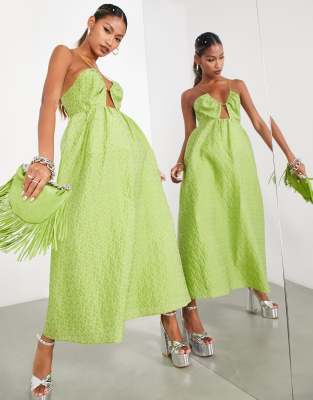ASOS EDITION - Robe caraco texturée mi-longue à découpes et ourlet à volants - Vert olive | ASOS